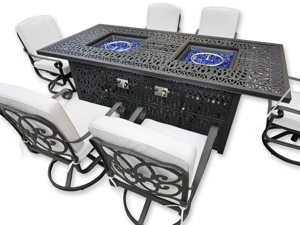New 7 Piece Cast Aluminum Outdoor Patio Double Fire Pit Dining Table S ...